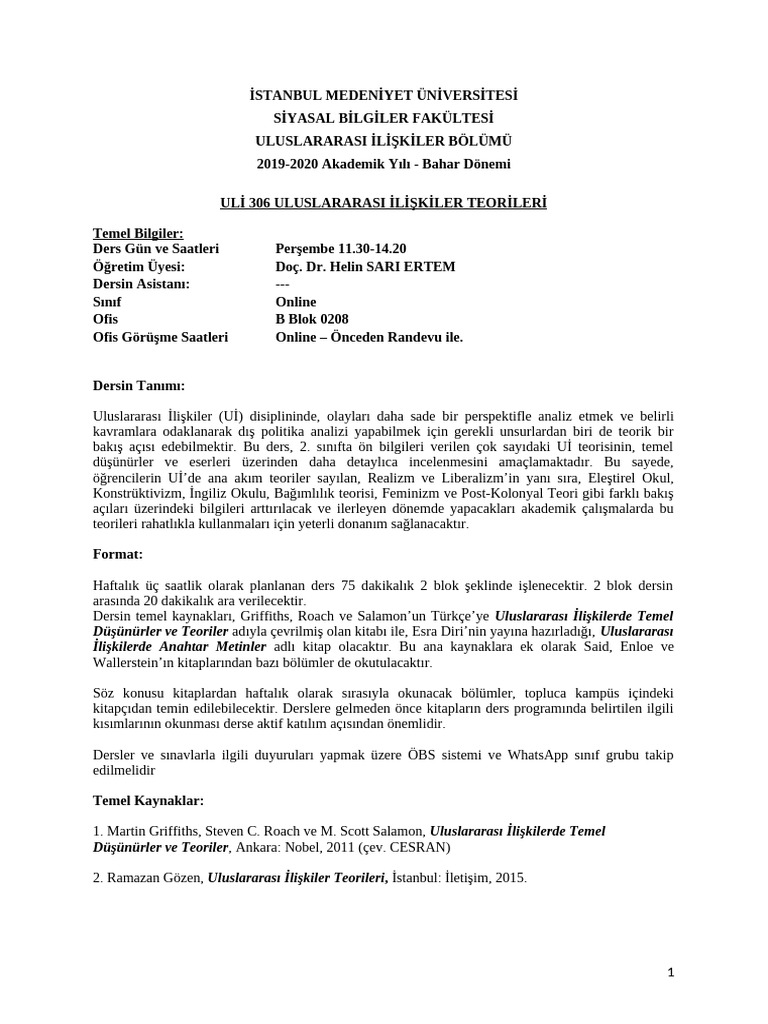 Ulus Iliskiler Teorileri 3 Sinif Dersi Icin Ders Programi | PDF