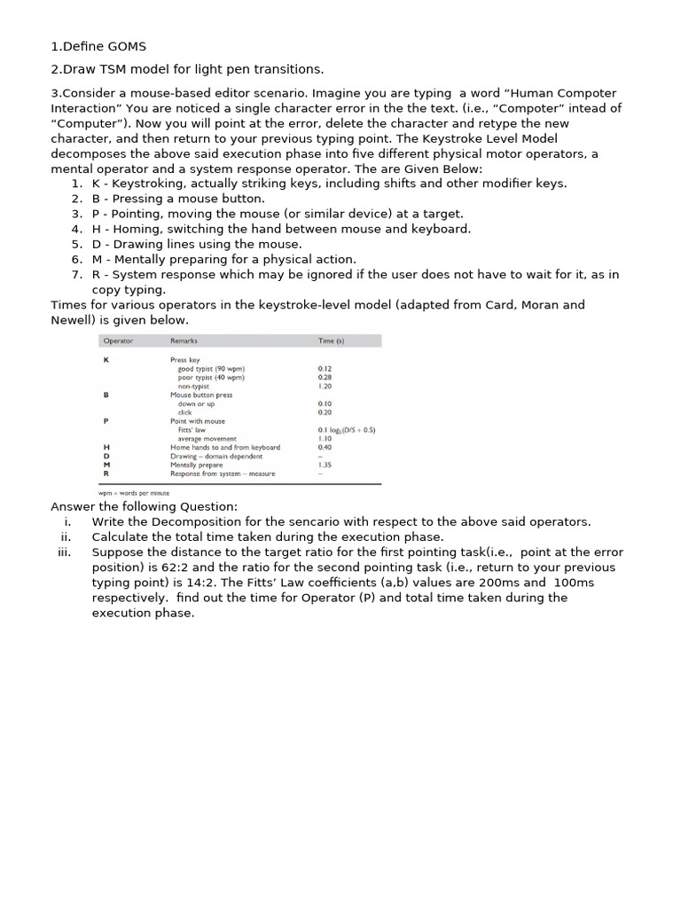 1.define GOMS 2.draw TSM Model For Light Pen Transitions | PDF