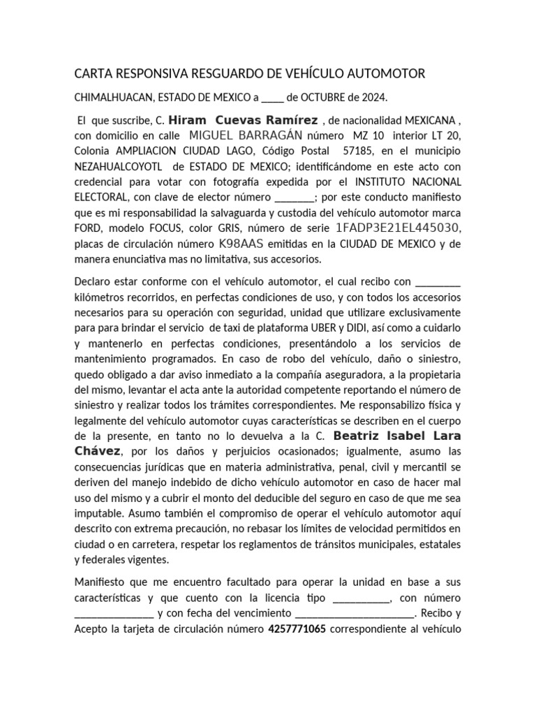 Carta Responsiva Resguardo de Vehículo Automotor | PDF | México | Vehículos