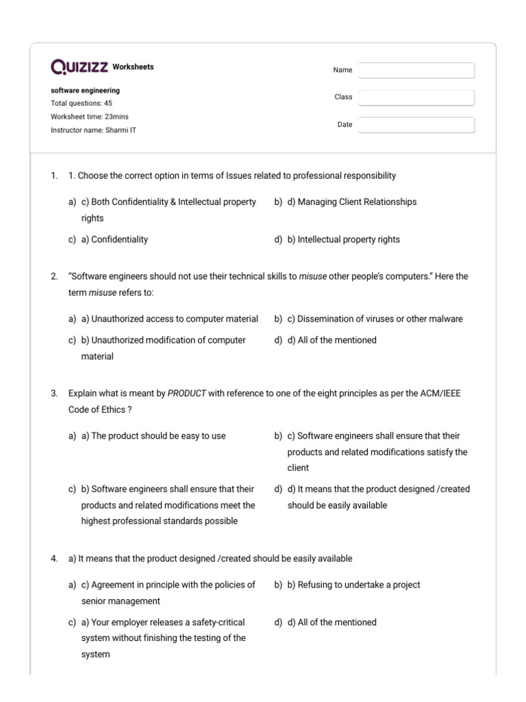 Software Engineering Worksheets: 45 Questions | PDF | Software ...