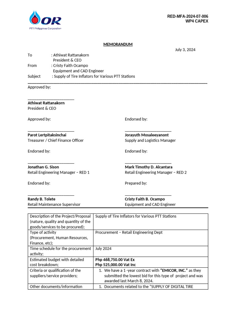 Tire Inflator Supply Proposal for PTT | PDF | Business | Economies