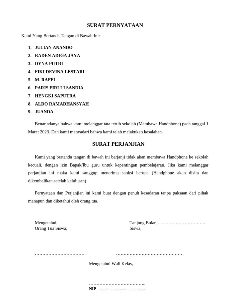 Surat Perjanjian Dan Pernyataan Siswa New by Atik | PDF