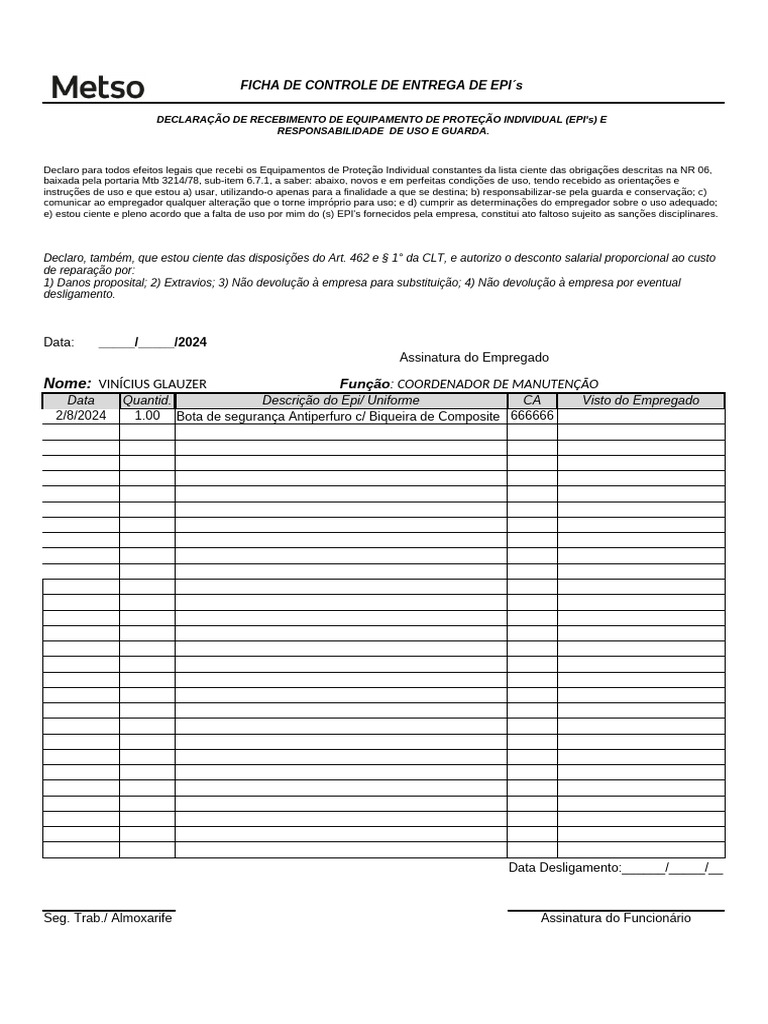 Template de Ficha de Epi | PDF