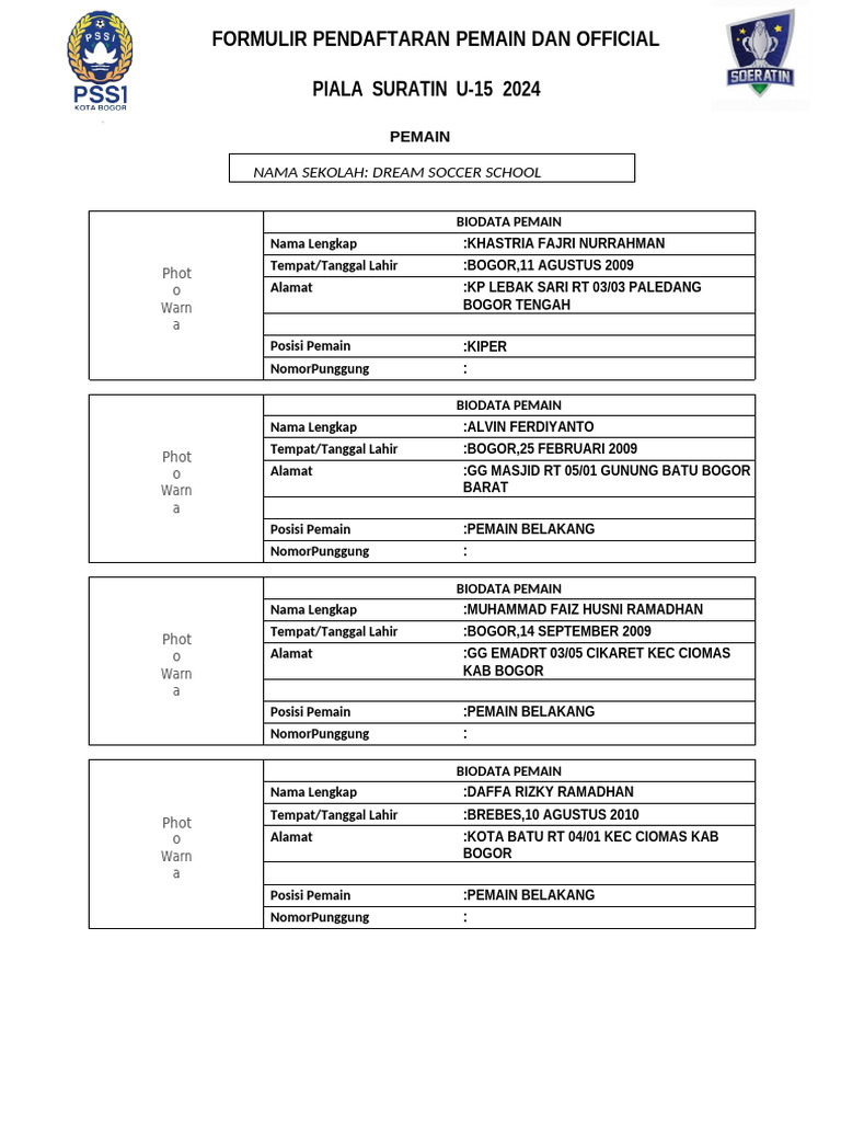 Formulir Pemain & Official Piala Suratin U-15 2009 | PDF