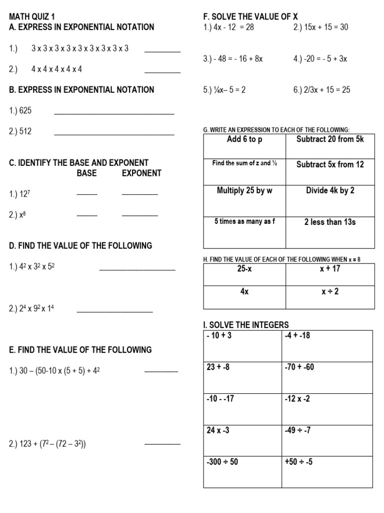 Math Quiz: Exponents and Expressions | PDF