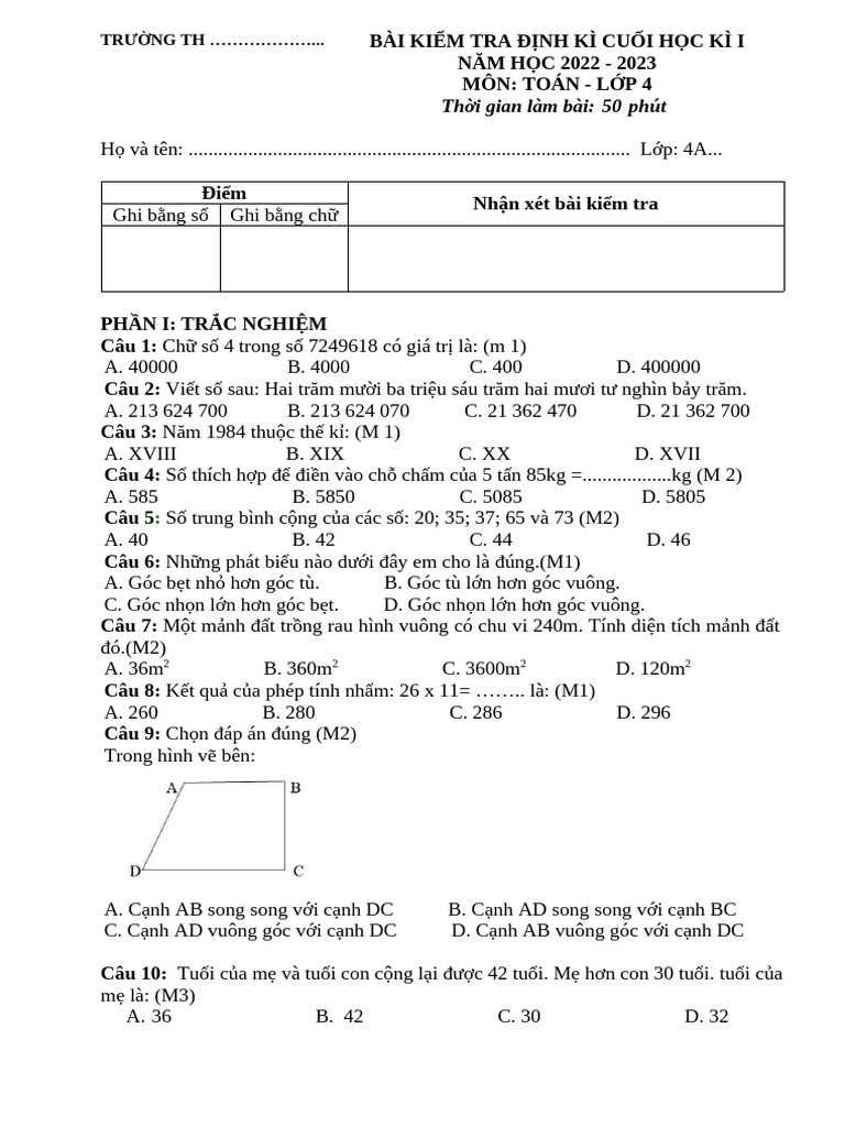 ĐỀ KT HKI - TOÁN 4 | PDF