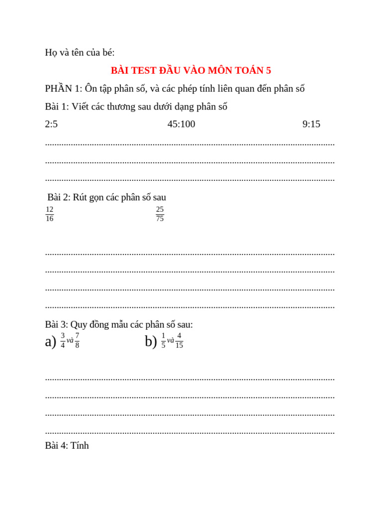 Bài Test Đàu Vào | PDF