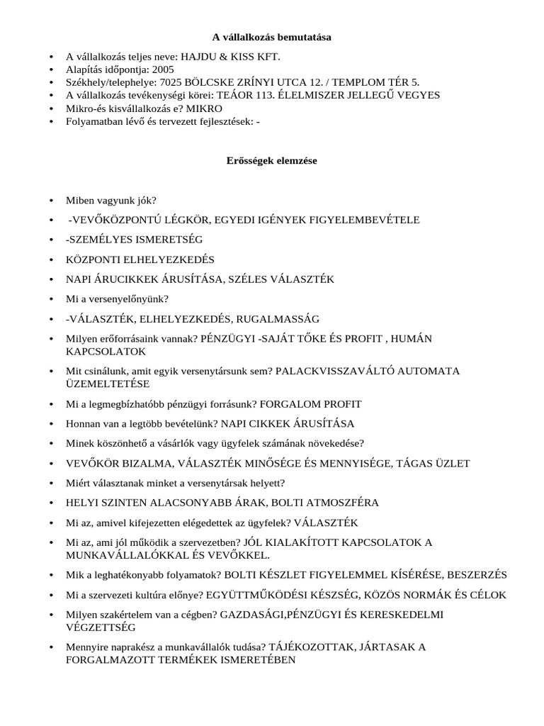 Projekt Esettanulmány Kérdéssor | PDF