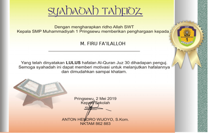 Piagam Tahfidz | PDF