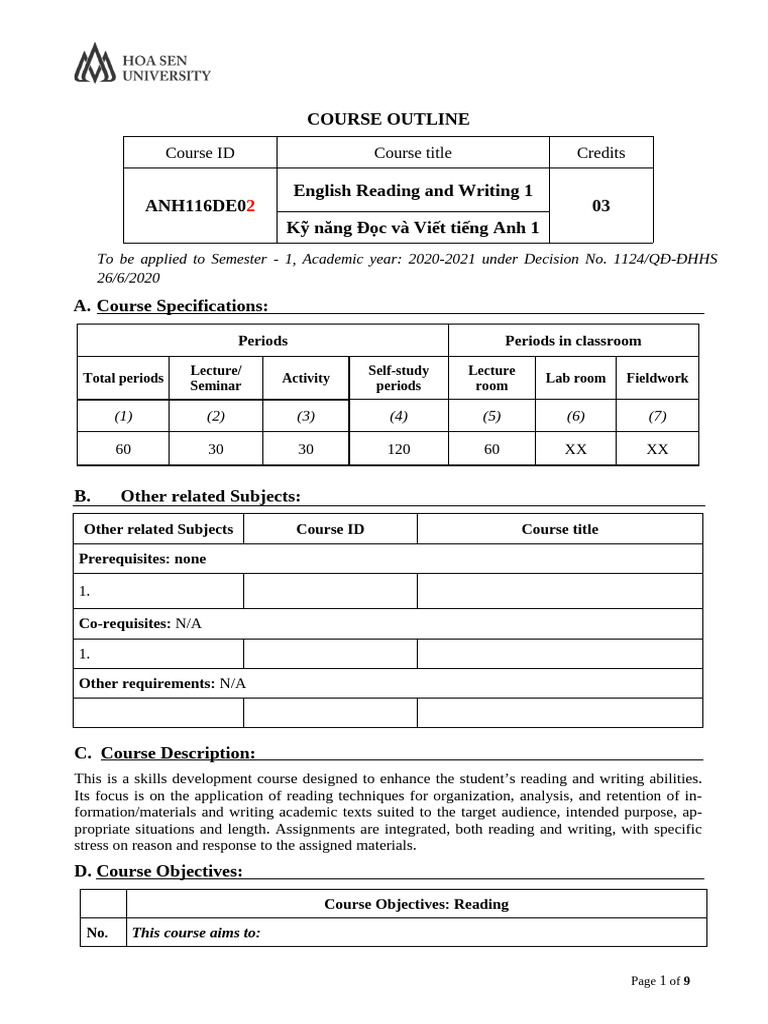 COURSE OUTLINE - ENGLISH READING WRITING 1 - ANH116DE01 - HK20.1A (cập ...