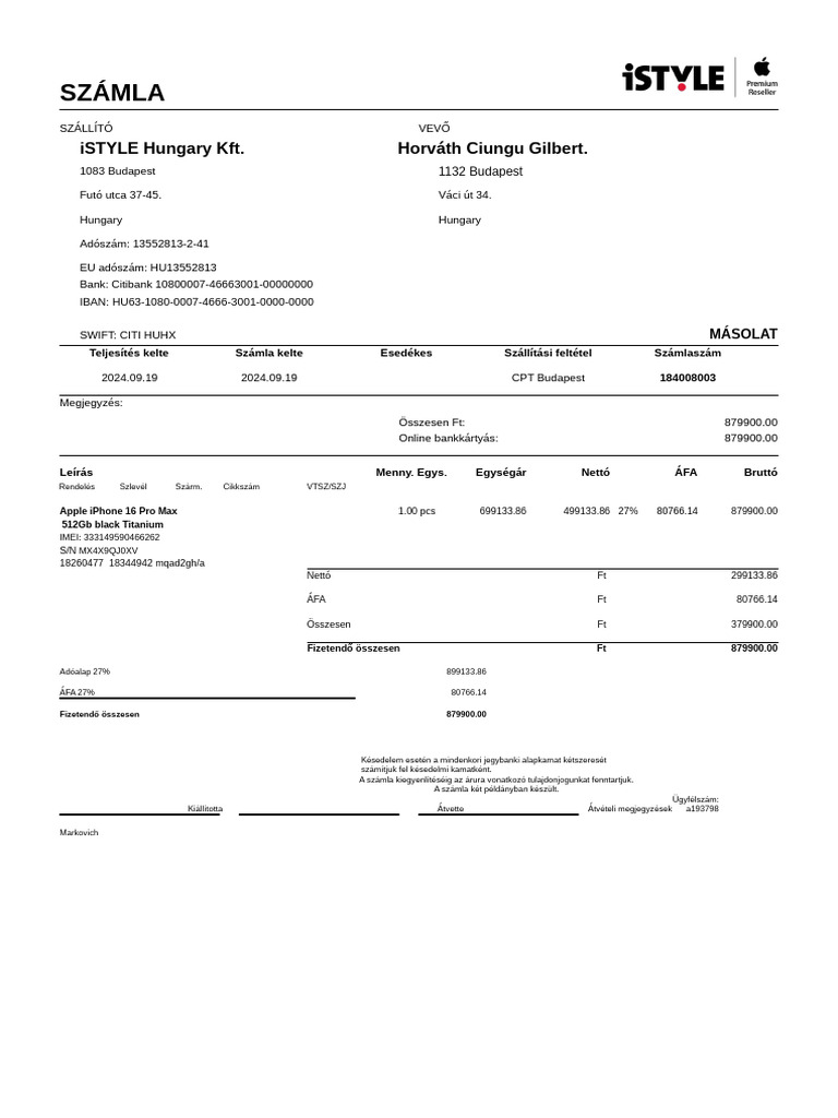 Factura Istyle Ungaria Iphone 16 Pro Max by Aslan B | PDF