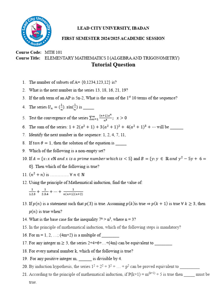 MTH 101 Tutorial Quetion | PDF | Complex Number | Circle