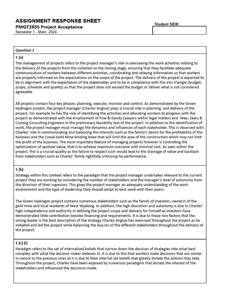 PMGT2855 Project Acceptance Semester 1 2024 Assignment Response Sheet | PDF | Risk | Regulatory ...
