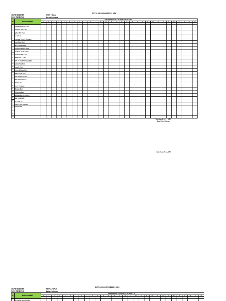 Daftar Hadir Kels X Seluruh | PDF