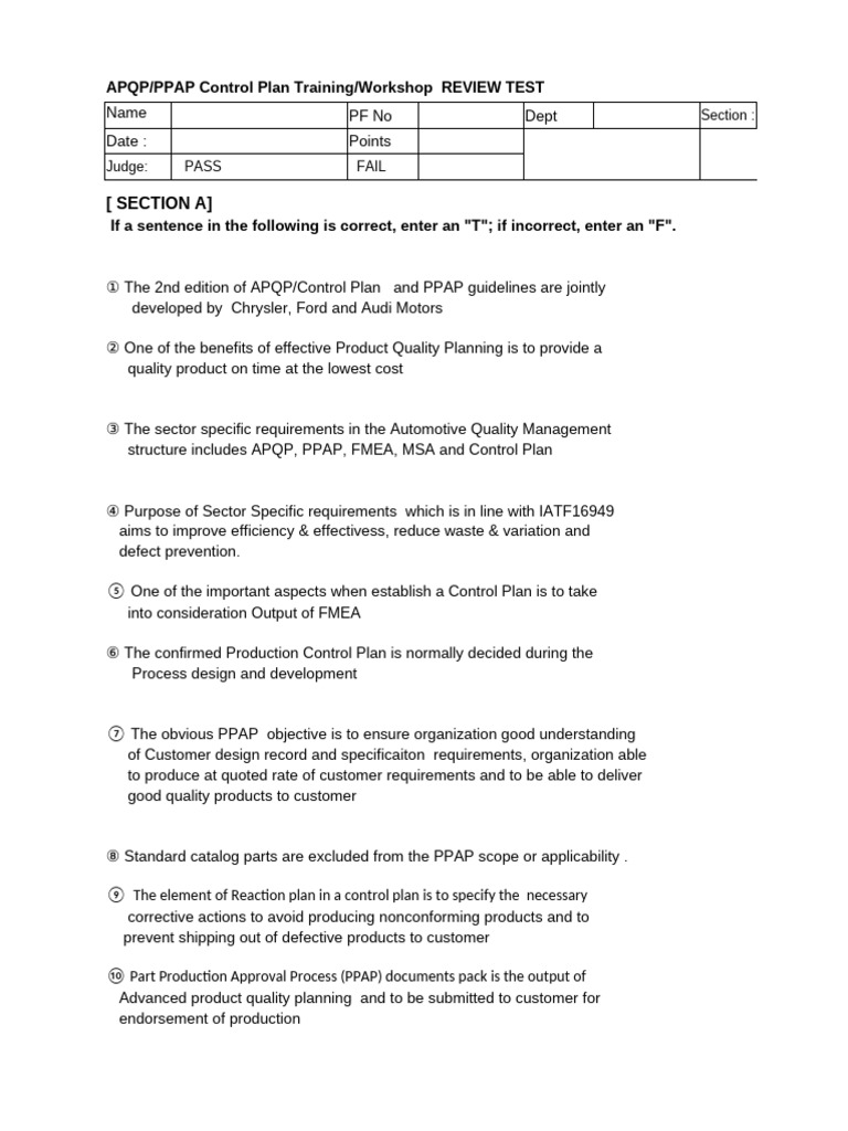 APQP - PPAP Awareness Review Test (2020) | PDF | Specification ...