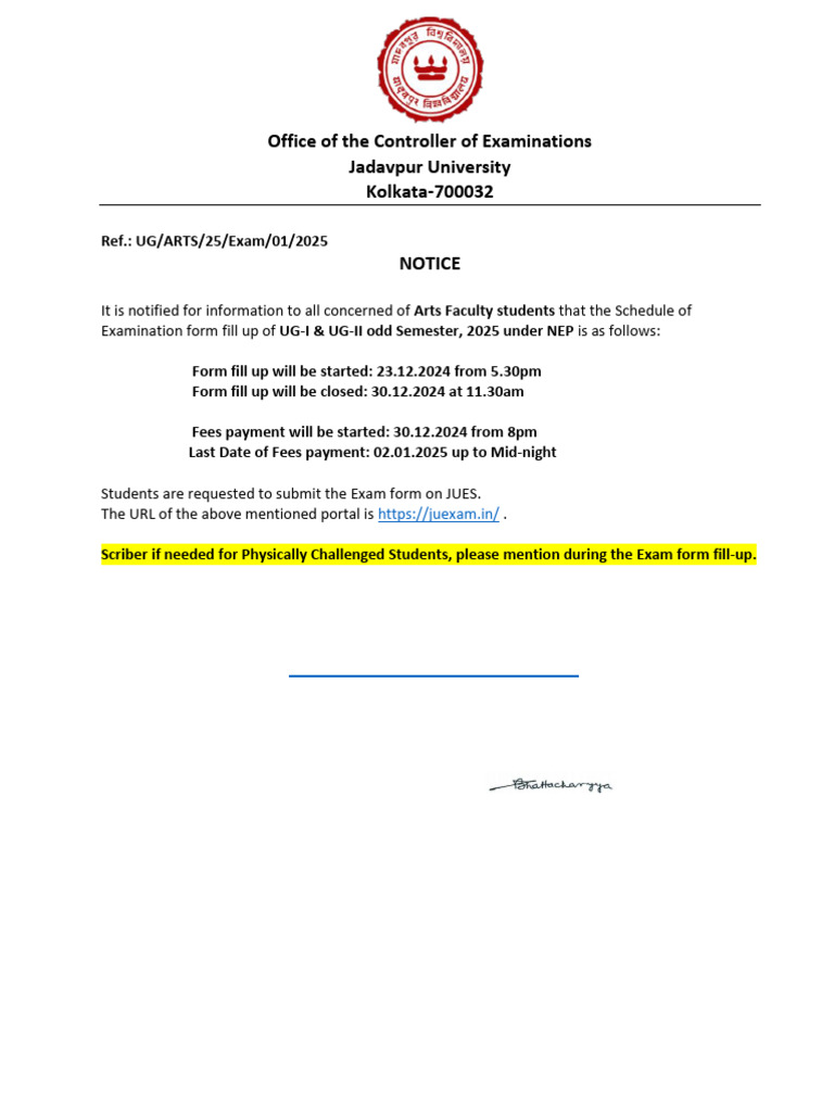 Notice For Examination Form Fill Up Ba 1ST & 3RD Semester, 2025, Under ...