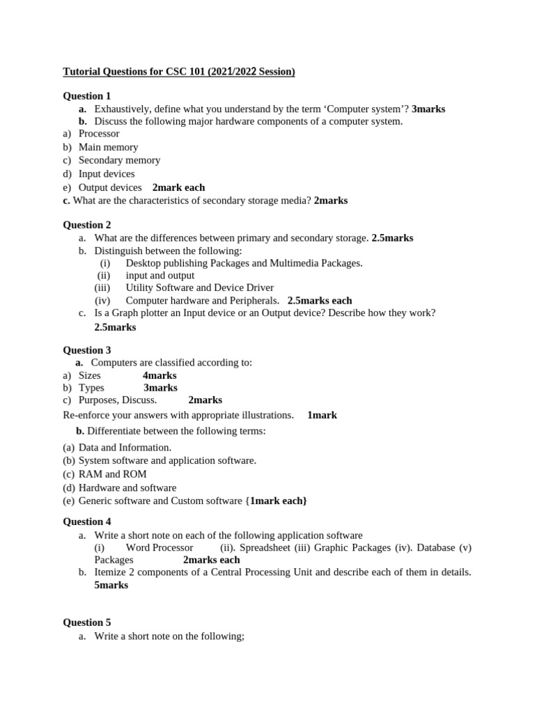 Tutorial Questions For CSC 101 2020 - 2021 Session | PDF | Software ...