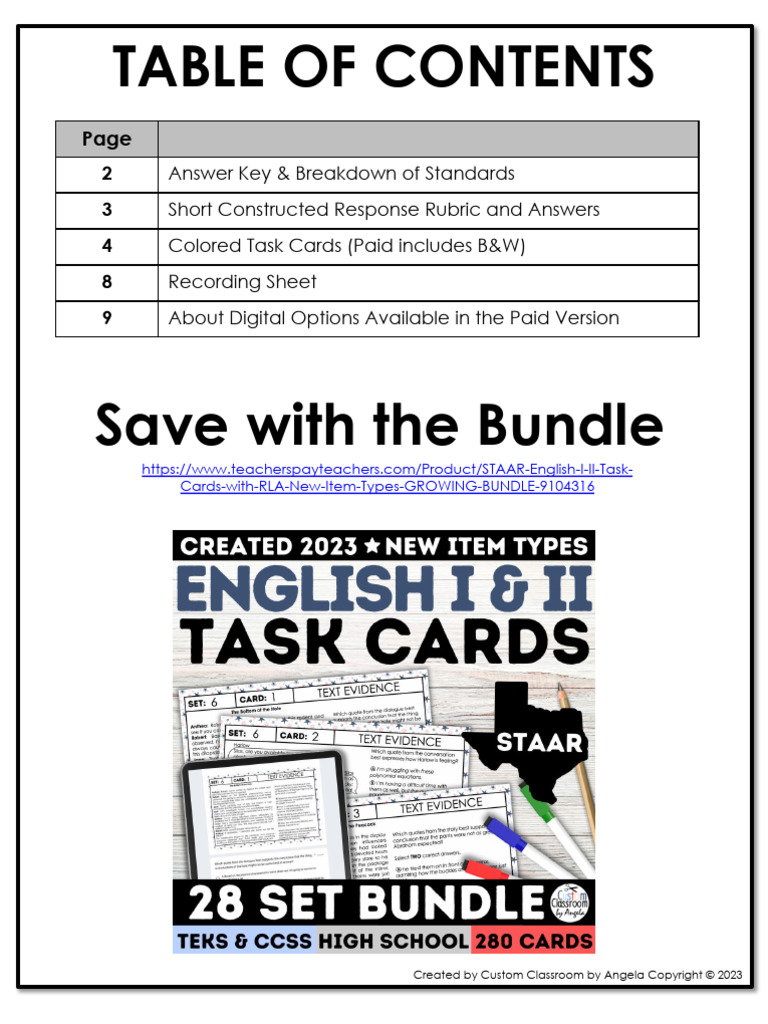 STAARHighSchoolReadingComprehensionPassageQuestionsTaskCards 1 | PDF ...