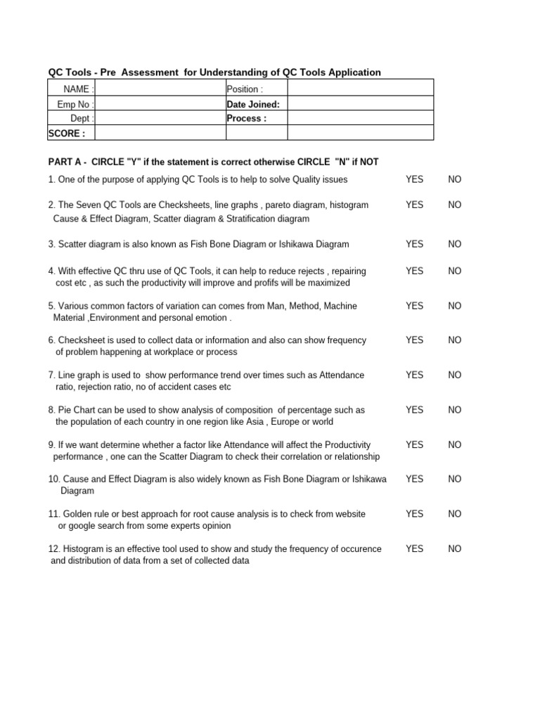 QC Tools (Pre Assessment Questions) | PDF | Histogram | Pie Chart