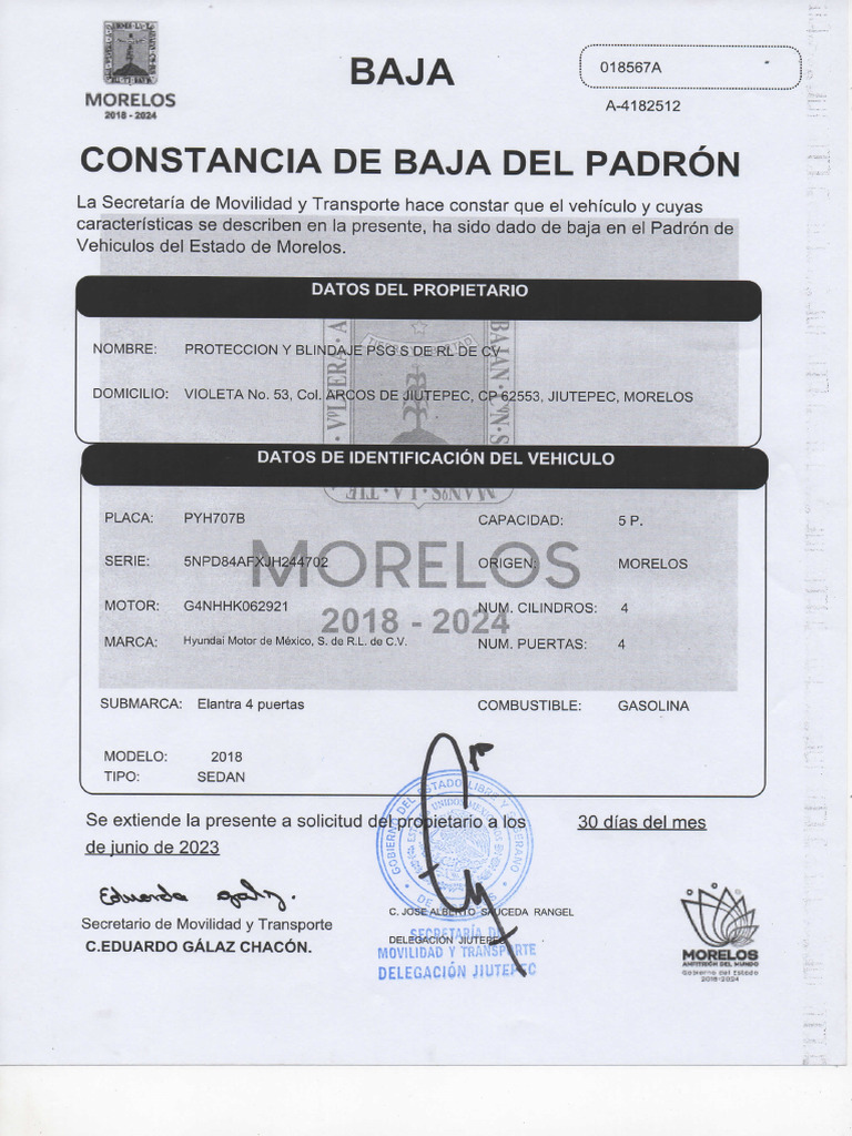 Constancia de Baja Del Padron Vehicular Del Hyundai | PDF