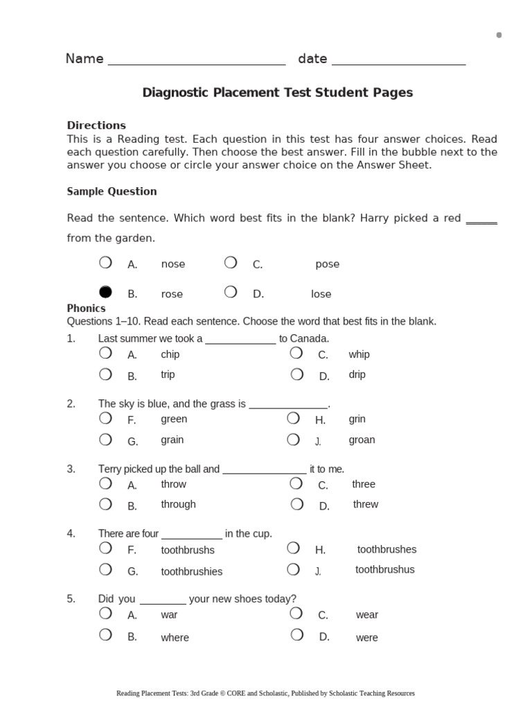 3rd Grade Reading Placement Tests | PDF