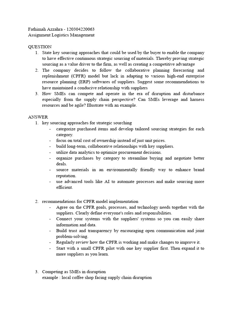 Fathimah Azzahra - 120304220063 - MANLOG ASSIGNMENT | PDF | Supply Chain | Procurement