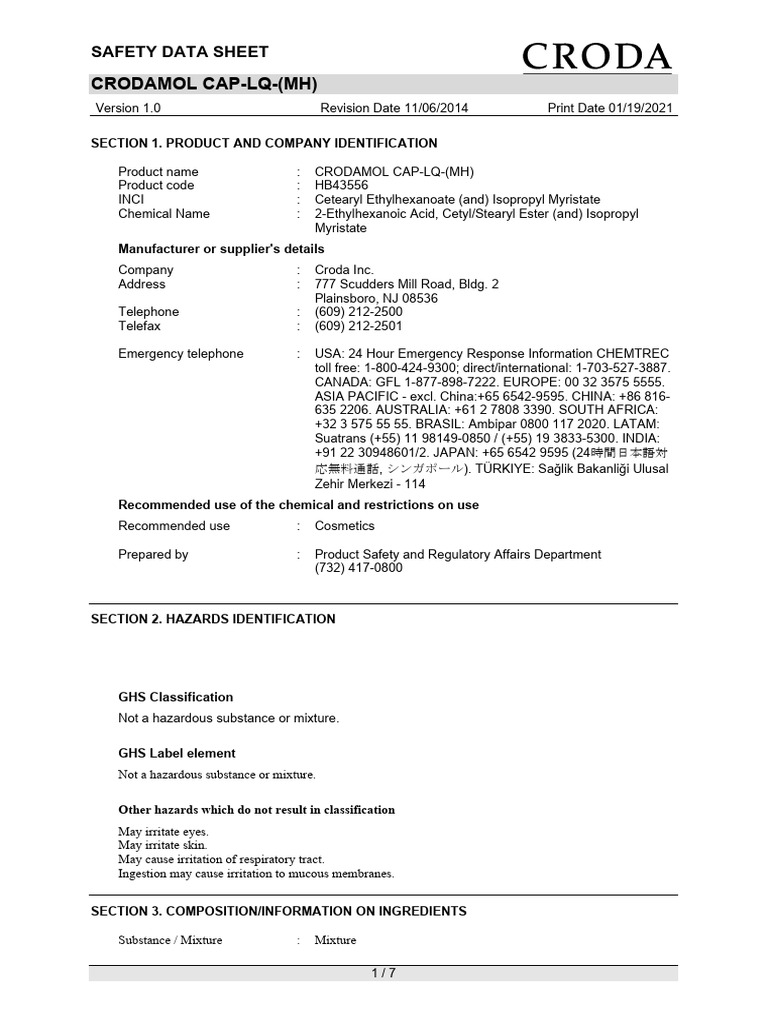 Crodamol CAP-LQ Safety Data Sheet | PDF | Toxicity | Water
