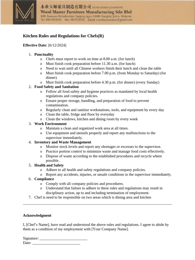 Kitchen Rules and Regulations For Chefs (r1) | PDF
