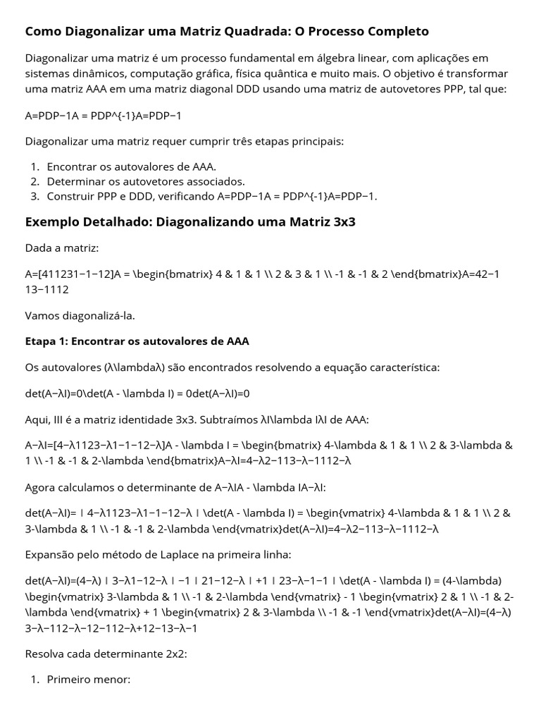 Como Diagonalizar uma Matriz Quadrada O Processo Completo | PDF ...