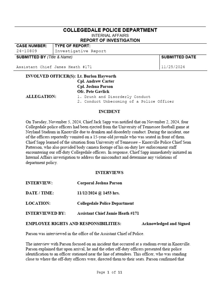 Internal Affairs Report From Collegedale PD | PDF | Police | Police Officer