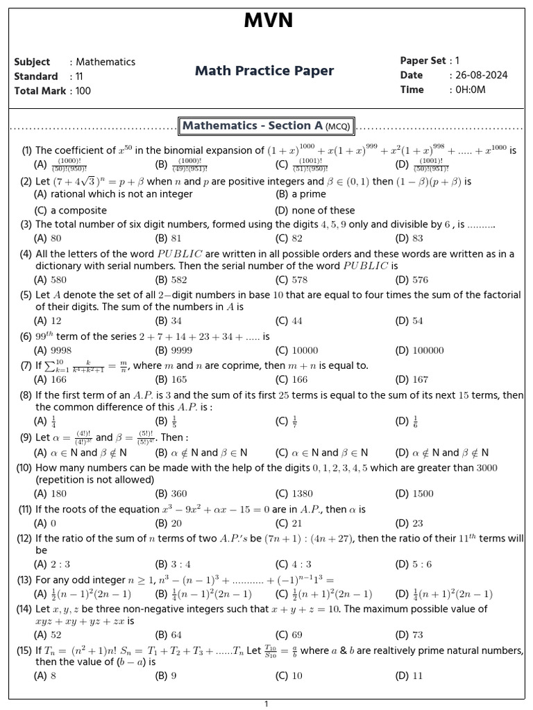 Math Practice Paper XI | PDF | Numbers | Elementary Mathematics