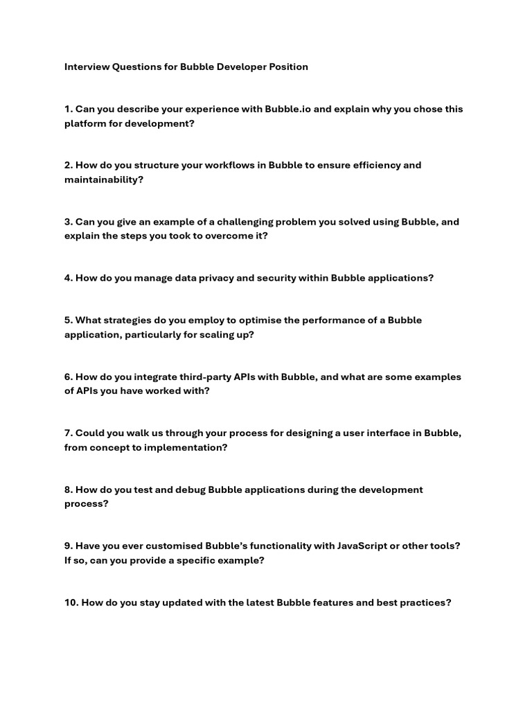 Bubble Developer Interview Questions | PDF