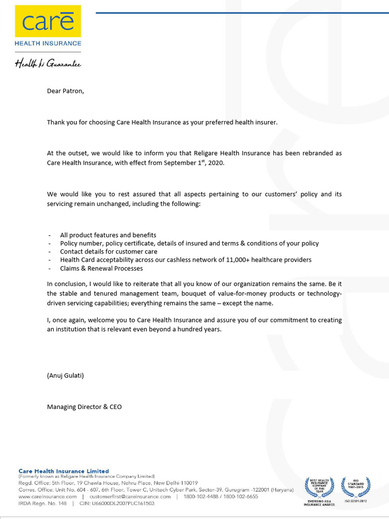 Cover Letter Sample of Care Health Insurance | PDF
