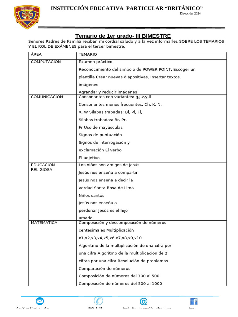 Temario y Exámenes 1er Grado III Bimestre | PDF