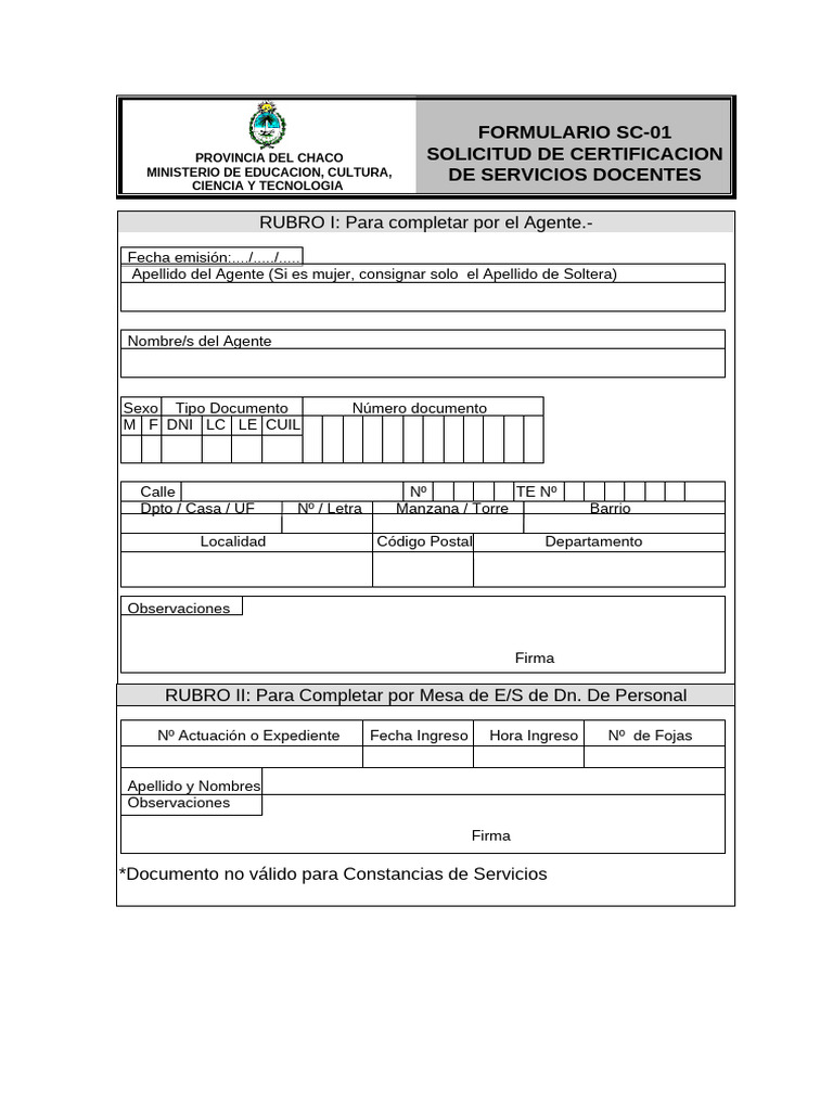 23 FORMULARIO SC 01 Solicitud Certificacion de Servicios Docentes | PDF