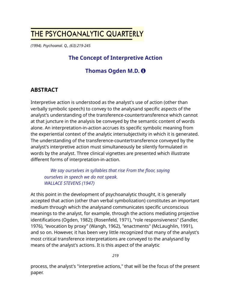 Ogden_interpretive action | PDF | Psychoanalysis | Thought