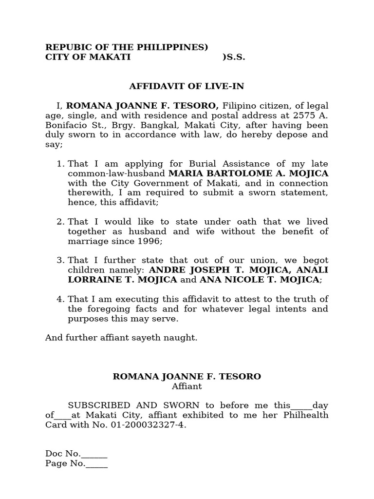 live-in affidavit Burial Assistance | PDF | Affidavit | Family