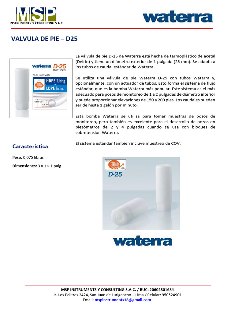 Válvula de Pie D-25 para Pozos Waterra | PDF