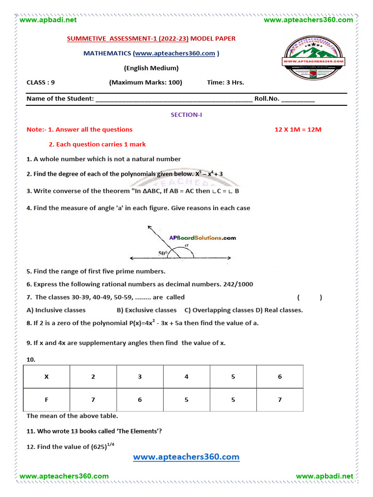 Class 9 Mathematics Model Paper 2022-23 | PDF | Numbers | Factorization
