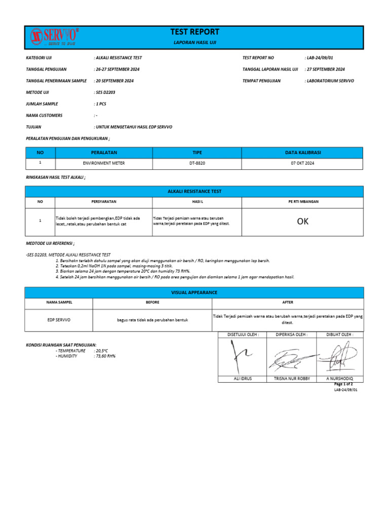 Hasil Uji Ketahanan Alkali EDP Servvo | PDF