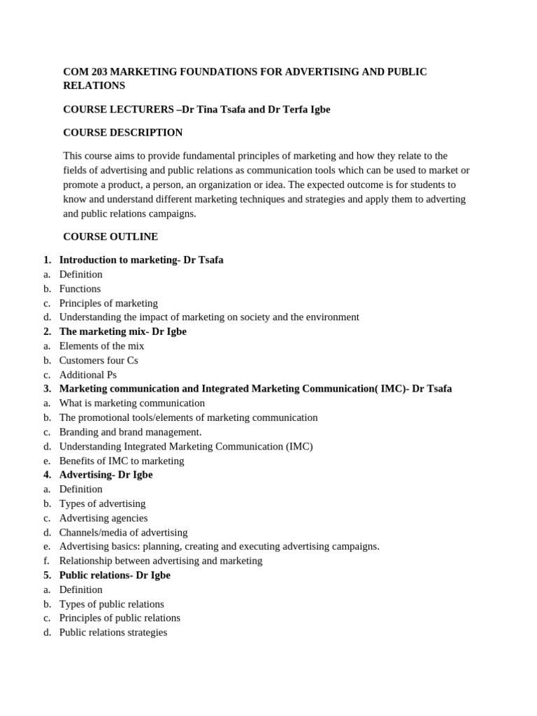 Com 203 Marketing Foundations For Advertising and Public Relations ...