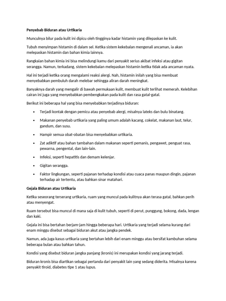 Penyebab dan Gejala Biduran Urtikaria | PDF
