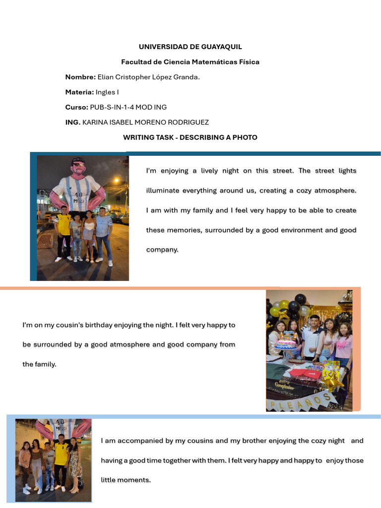 Writing Task - Describing A Photo Elian Lopez | PDF