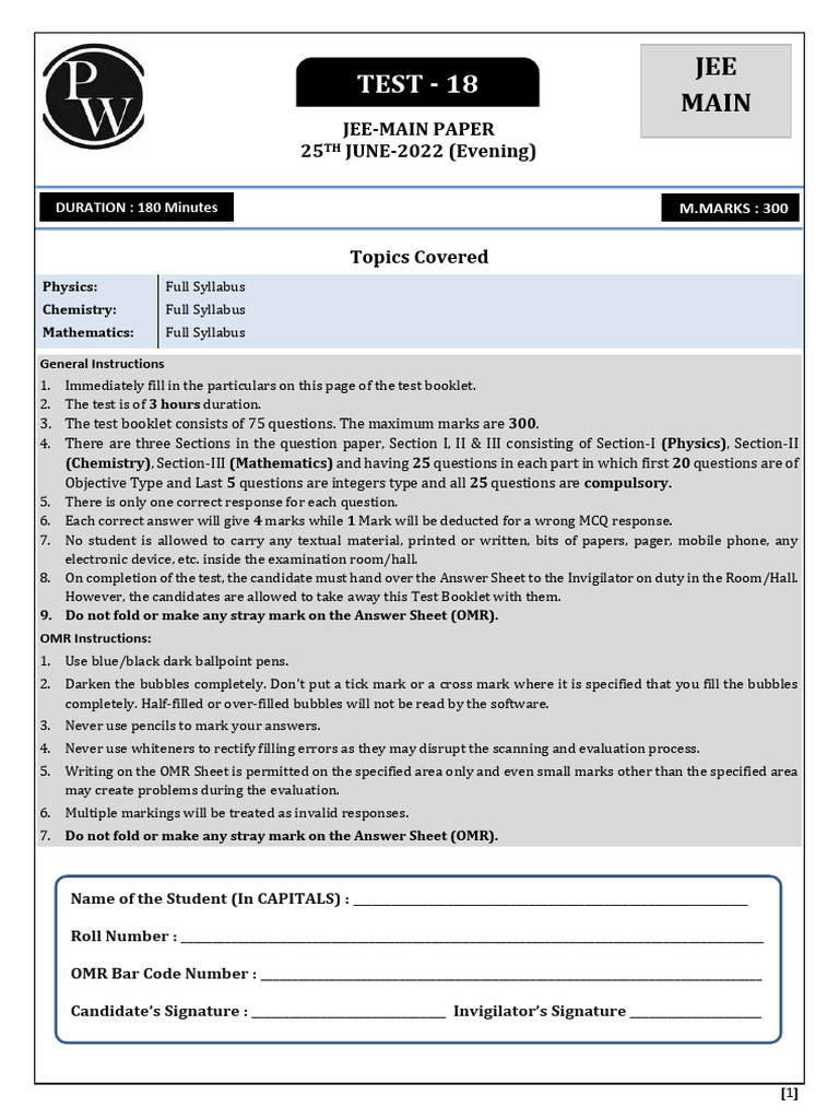 Test-18 Main PYP Question | PDF | Refraction | Reflection (Physics)