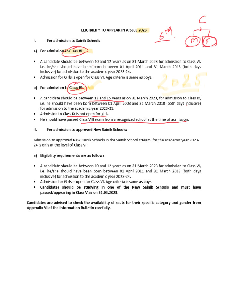 AISSEE 2023 Eligibility Guide | PDF