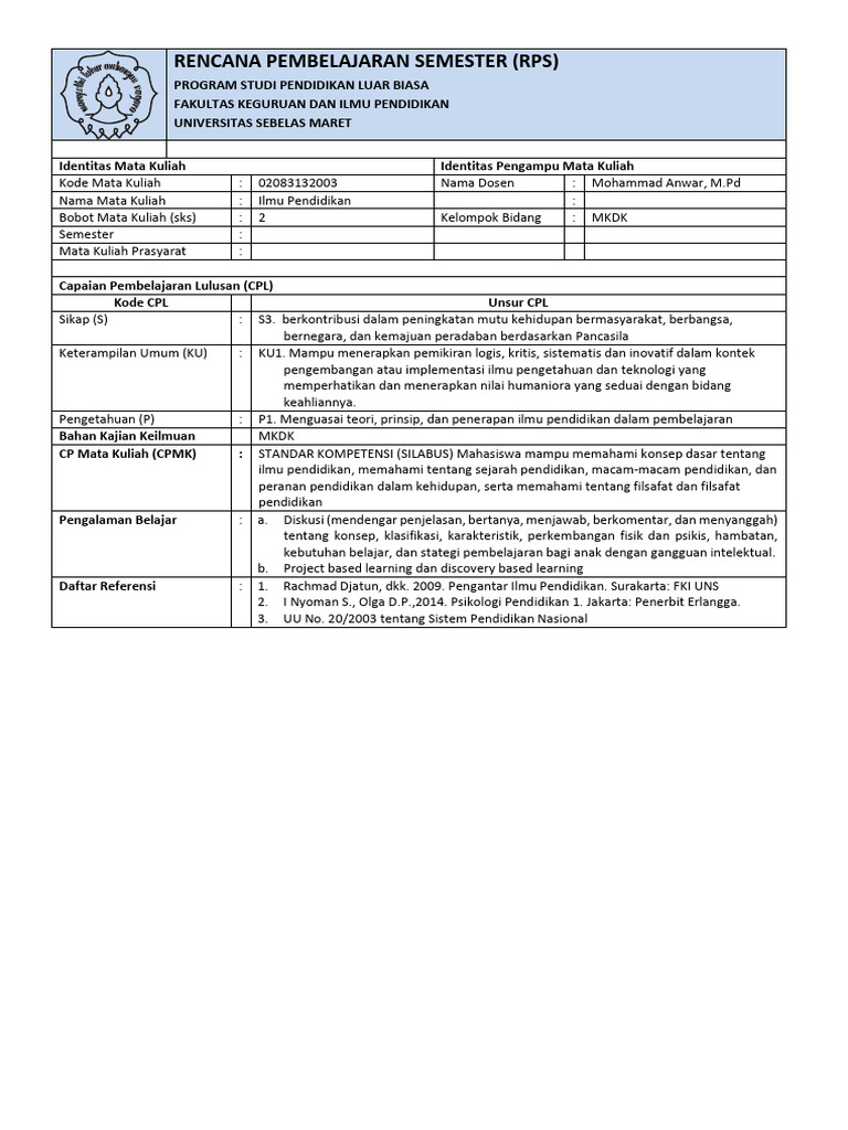 RPS Ilmu Pendidikan 2021 | PDF