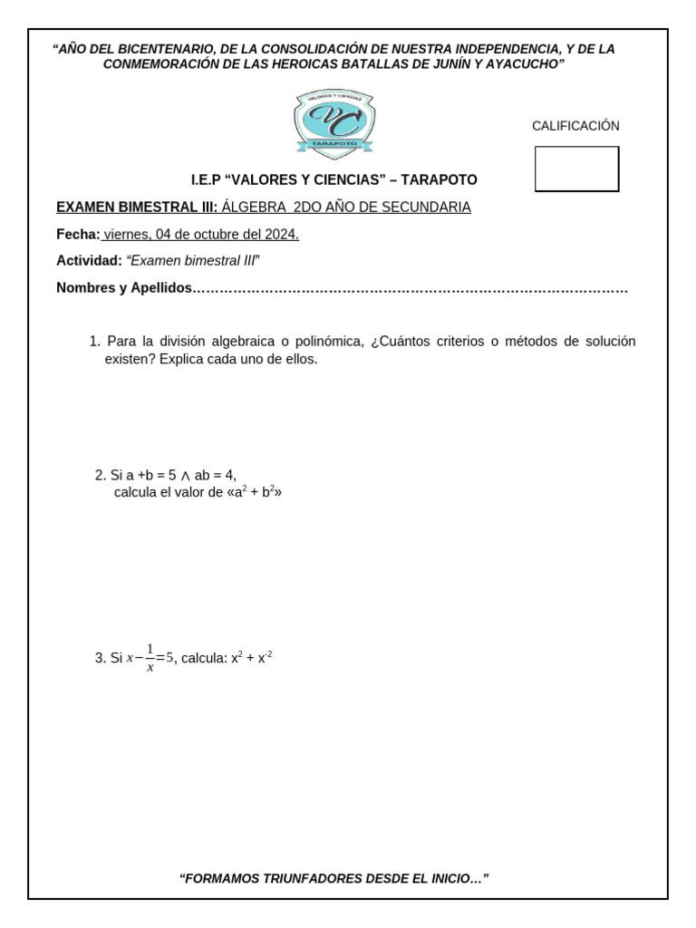 Examen Bimestral Iii Álgebra 2do Sec | PDF