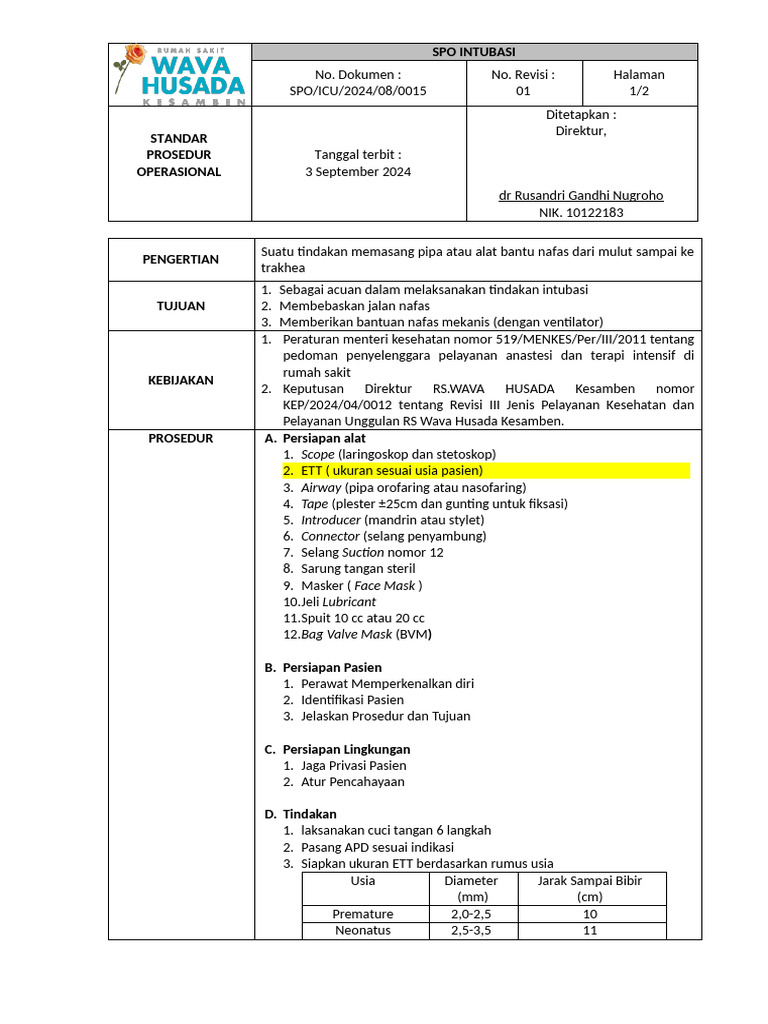 SPO INTUBASI SUNIK REVISI Fajar Mulia | PDF