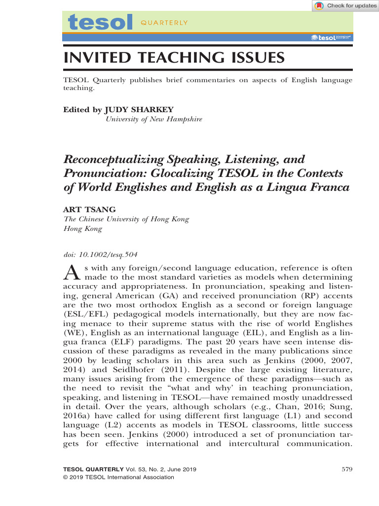 Tsang (2019) TQ (1) | PDF | English As A Second Or Foreign Language | Accent (Sociolinguistics)