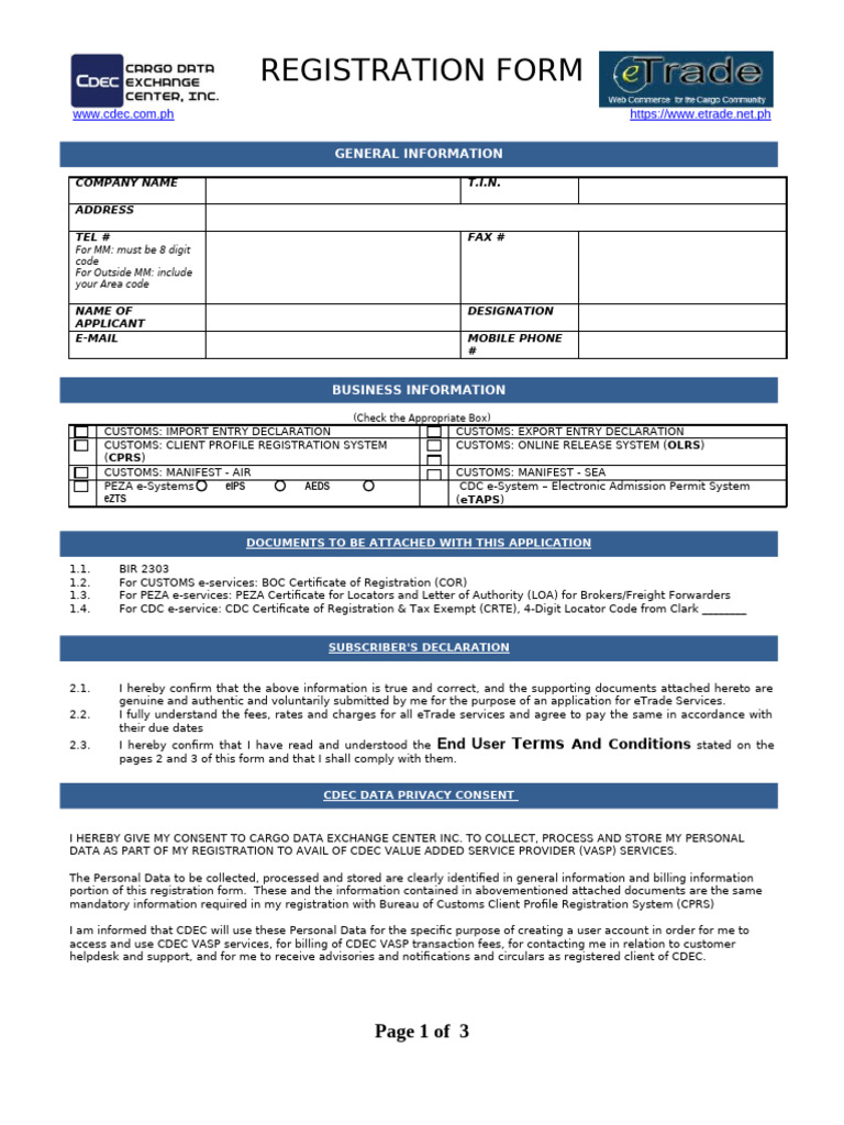 CDEC-REGISTRATION-FORM | PDF | Fee | Customs